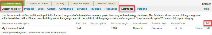 Configure custom fields for termbases